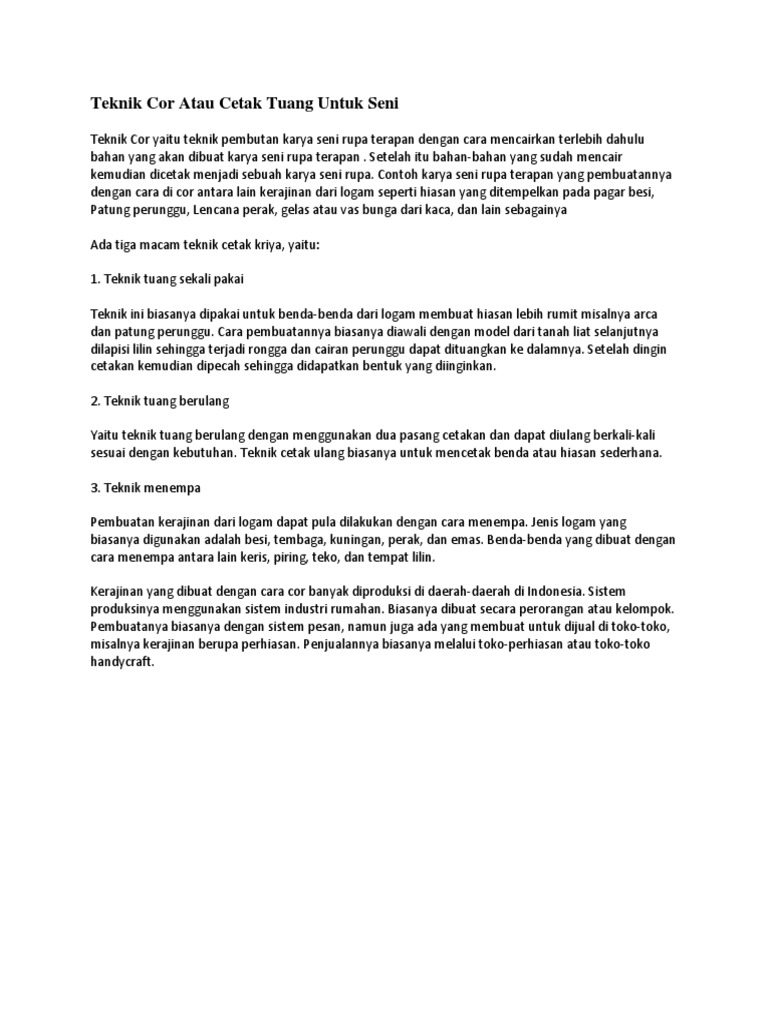 Teknik Cor Atau Cetak Tuang Untuk Seni | PDF
