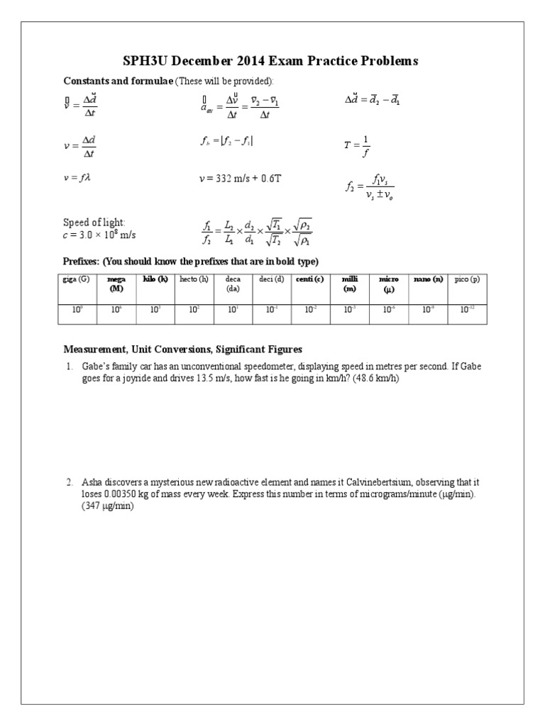 SPH3U December 2014 Exam Practice | PDF | Velocity | Motion (Physics)