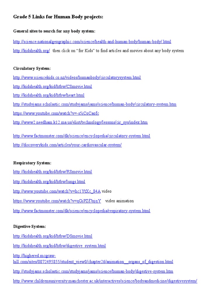 Grade 5 Human Body Project Resources | PDF