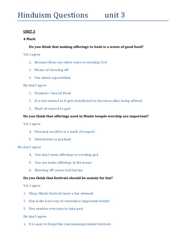 Hinduism Questions Unit 3: Unit 3 4 Mark Do You Think That Making ...