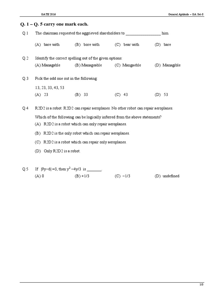 GATE 2016 General Aptitude & Electrical Engineering Questions | PDF ...