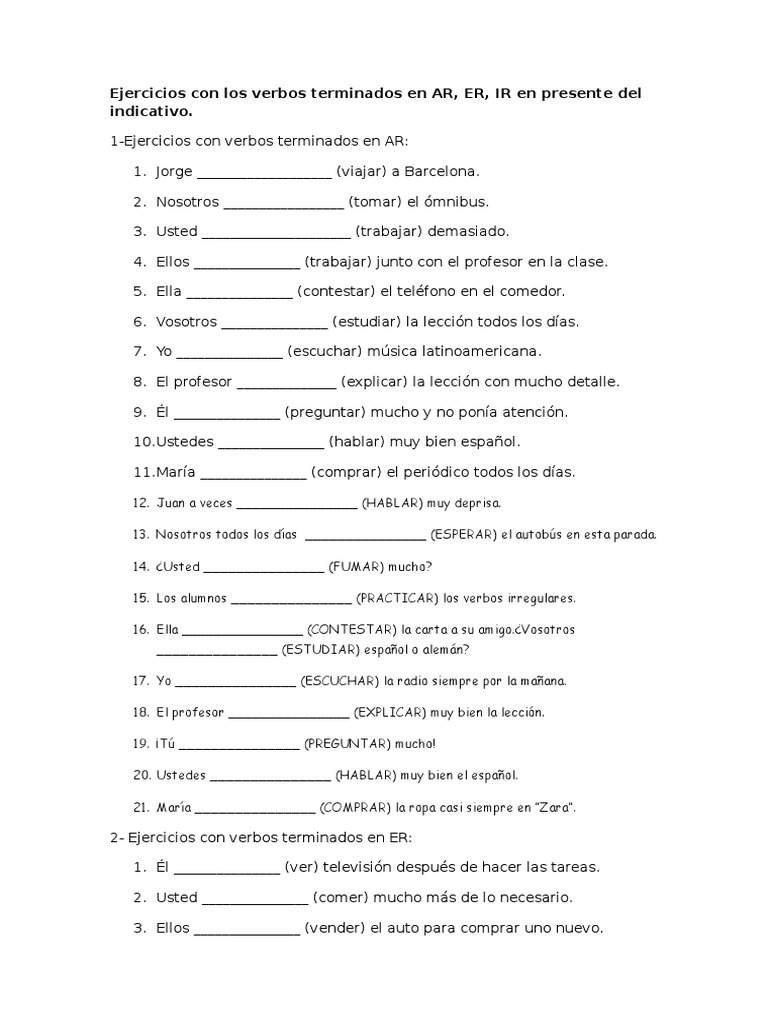 Ejercicios Con Los Verbos Terminados en AR | PDF
