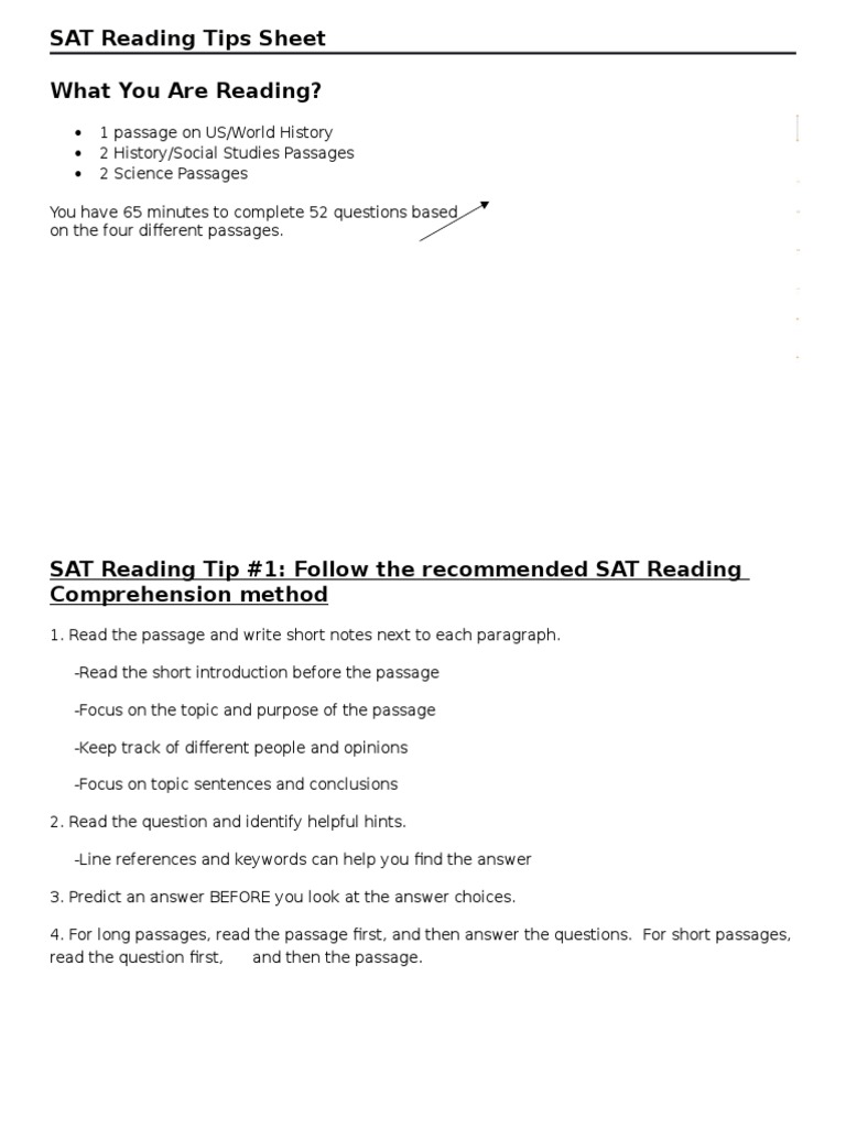 Sat Reading Tips Sheet | PDF | Sat | Reading Comprehension