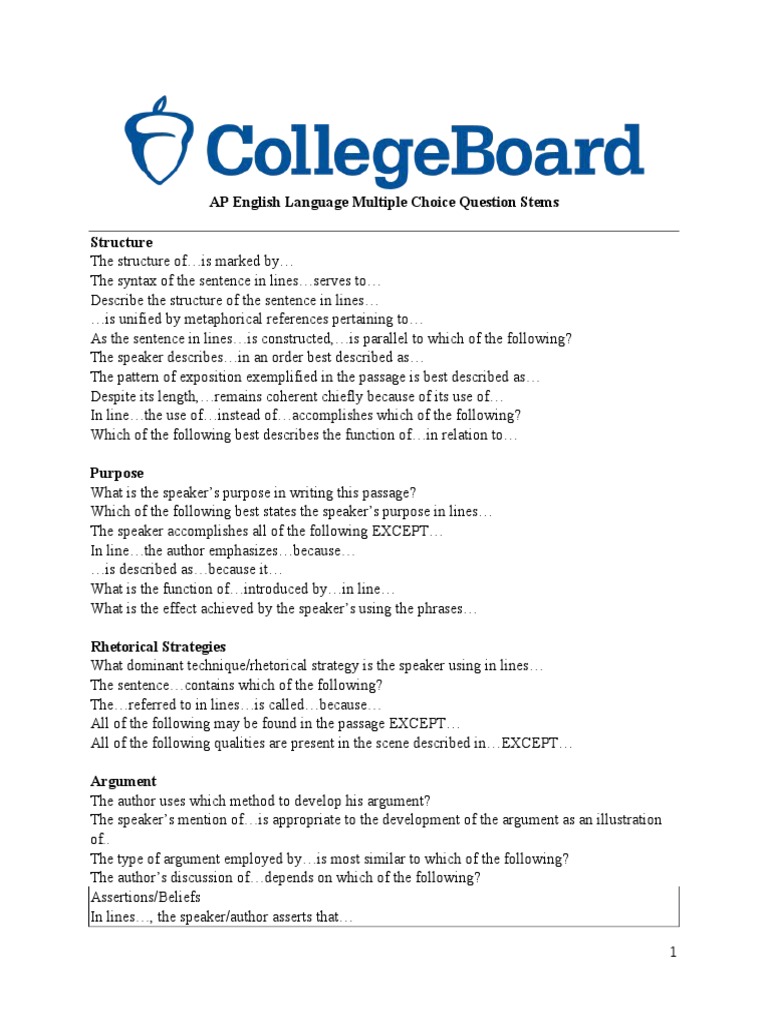 AP Lang Multiple Choice Question Stems | PDF | Subject (Grammar) | Phrase