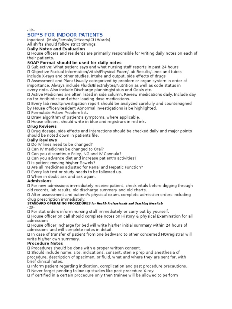 Hospital Sops | PDF | Nursing | Patient