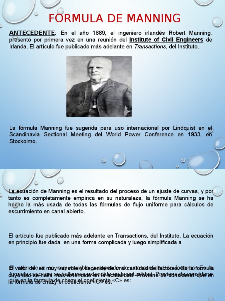 Formula de Manning-DiAPOSITIVA | PDF | Hormigón | Ingeniero civil