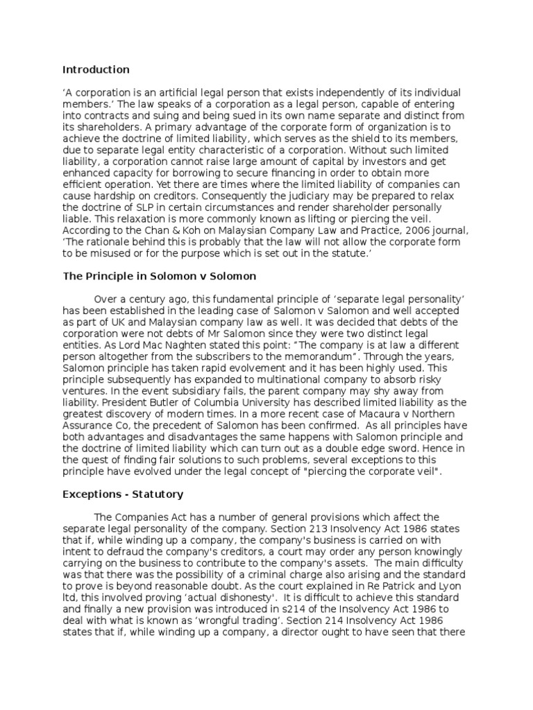 Separate Legal Personality and Lifting The Veil | PDF | Piercing The ...