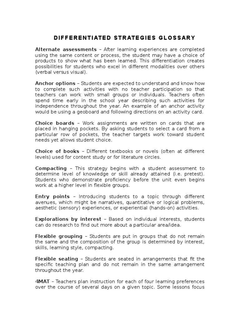 IMPT. Differentiated Instruction Strategies Glossary | PDF ...