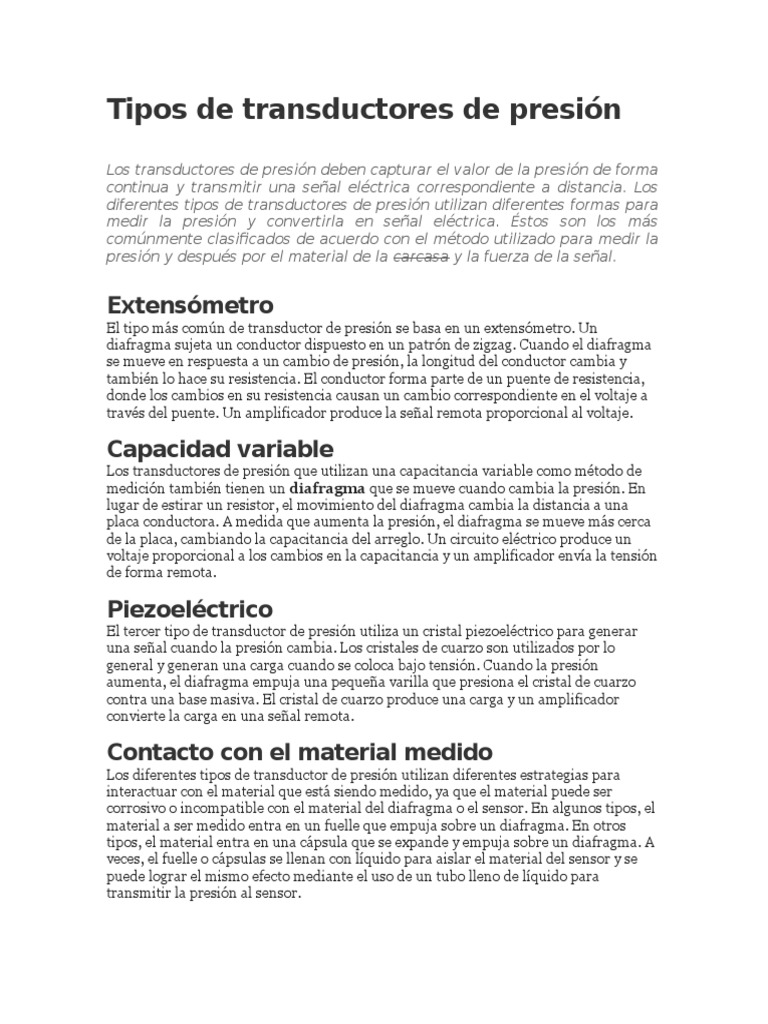 Tipos de Transductores de Presión | PDF | Piezoelectricidad | voltaje