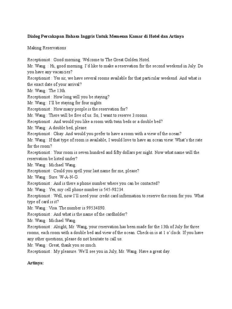 Dialog Percakapan Bahasa Inggris Untuk Memesan Kamar Di Hotel Dan ...