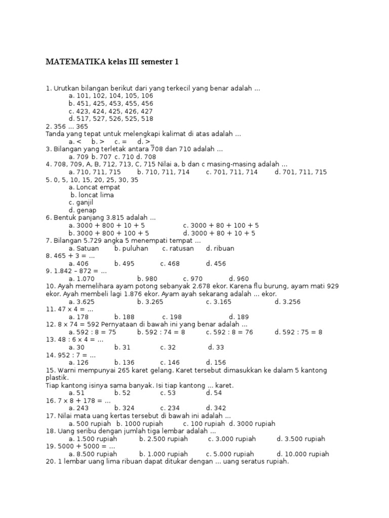 Soal MATEMATIKA Kelas III Semester 1 | PDF