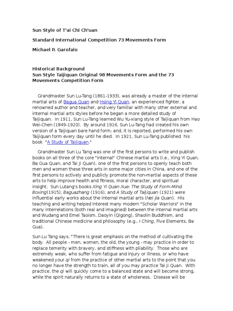 Sun Taijquan 73 Form Description | PDF | Tai Chi | Chinese Martial Arts