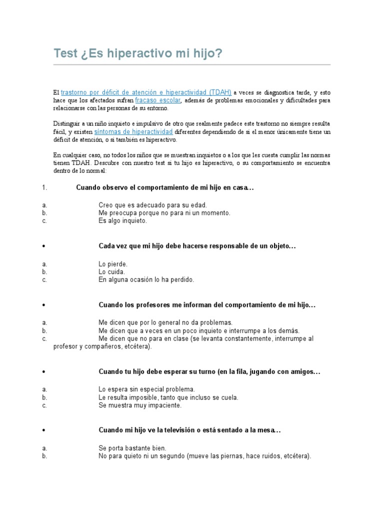 Test TDH | PDF | Desorden hiperactivo y deficit de atencion | Ciencias ...