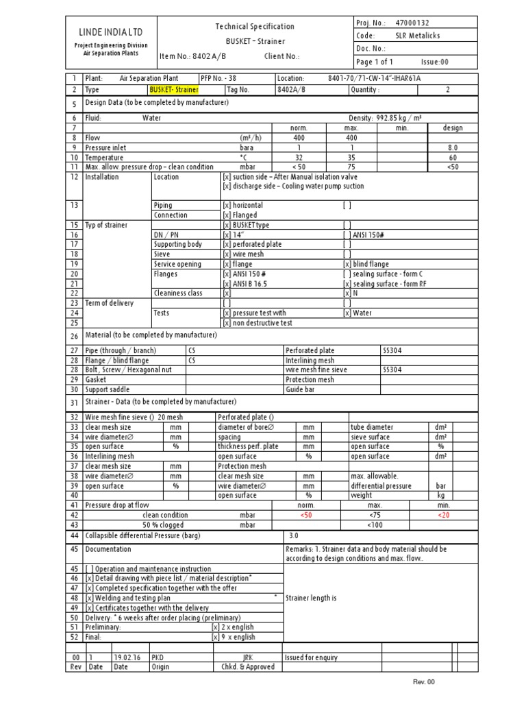 Slr Strainer Data Sheet (1) | Pipe (Fluid Conveyance) | Screw