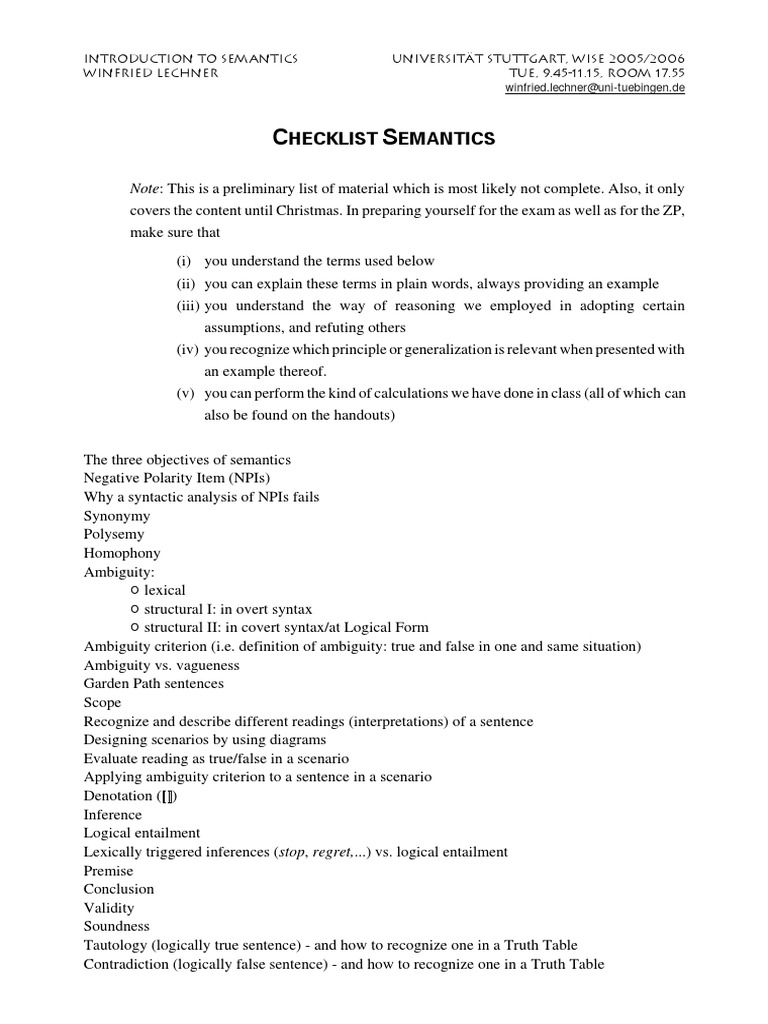 Checklist Semantics | PDF | Interpretation (Logic) | Logic