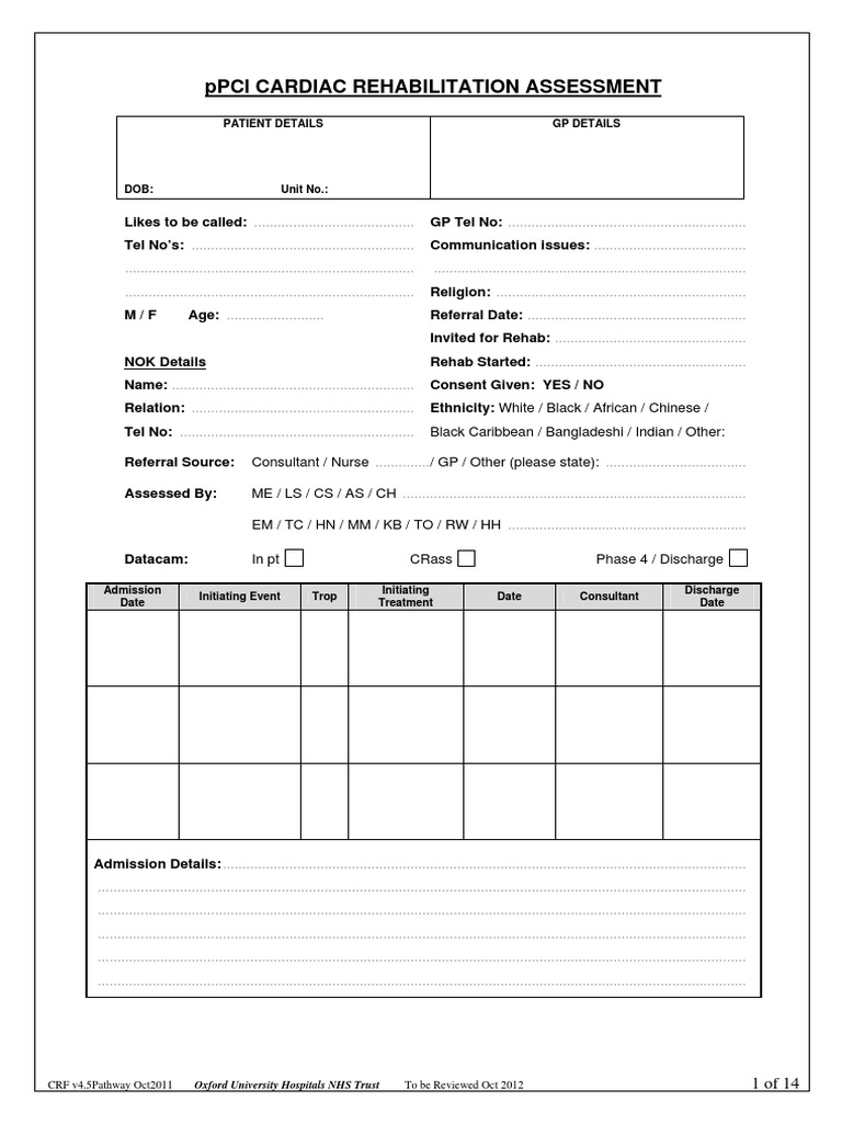 Cardiac Rehabilitation Assessment Form | PDF | Heart | Physical Therapy