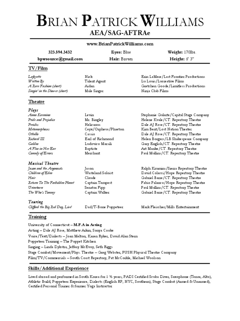 Brian Patrick Williams - Actor Resume | PDF | Art | Classics