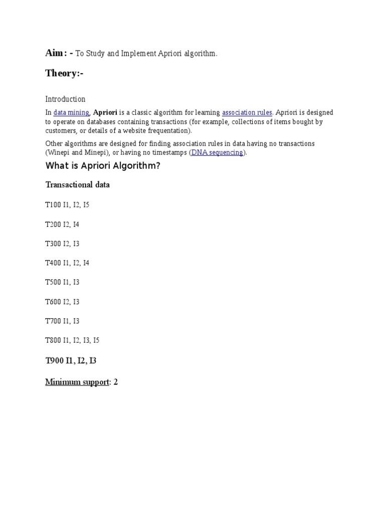 Aim: - Theory:-: What Is Apriori Algorithm? Transactional Data | PDF | Software Engineering ...