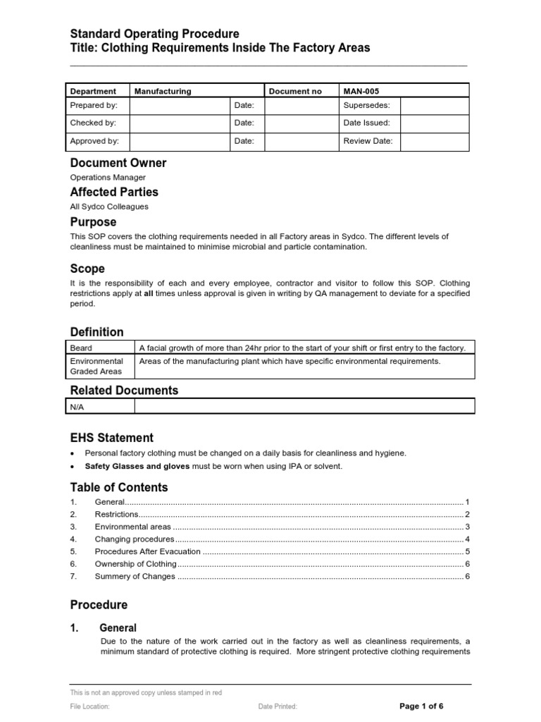SOP - Clothing Requirements Inside The Factory | Clothing | Design