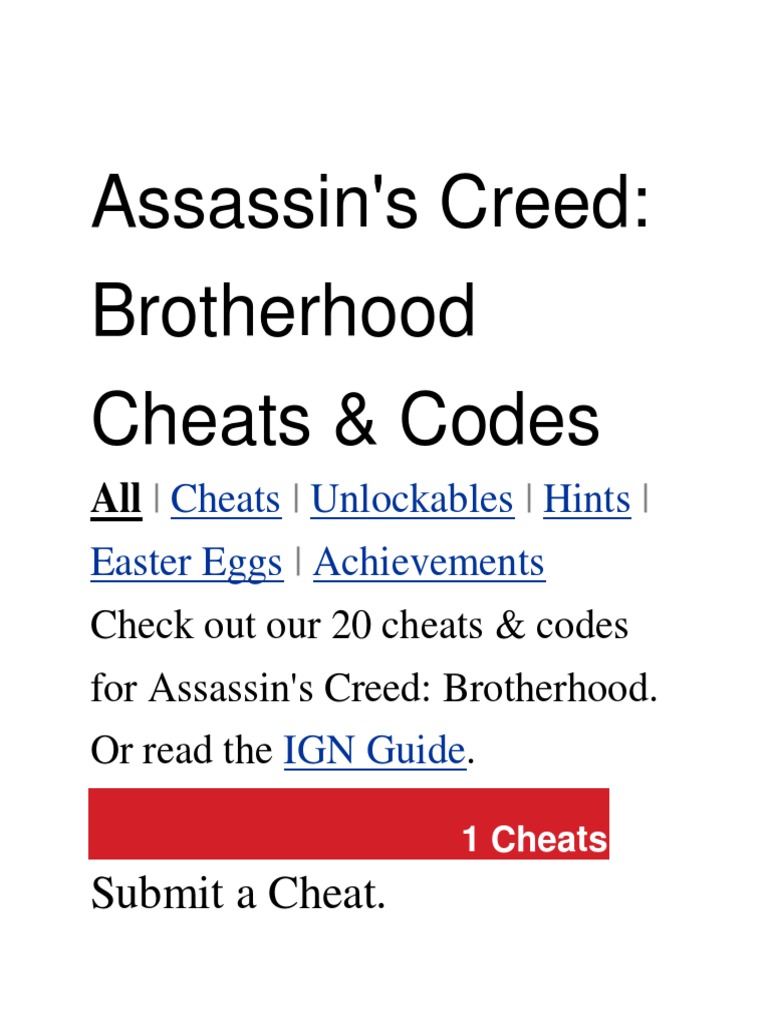 Assassin's Creed Brotherhood Cheats & Codes | Cheating In Video Games | Video Games