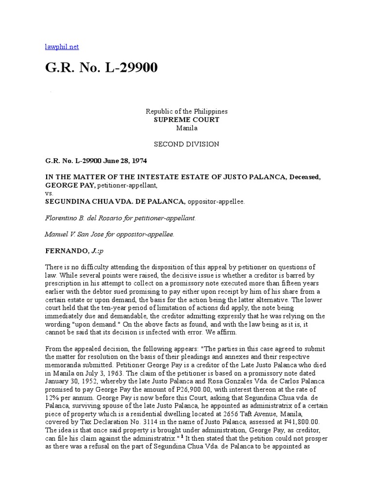 Pay v. Vda. de Palanca | PDF | Promissory Note | Government