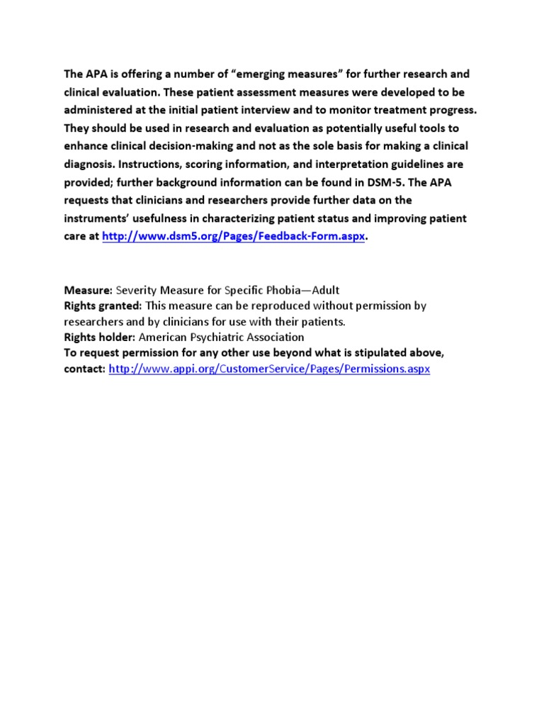 Severity Measure for Specific Phobia Adult | Phobia | Dsm 5