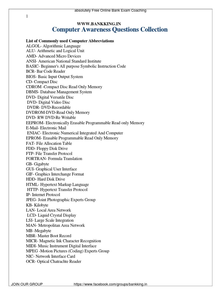 Computer Awareness Questions Collection: List of Commonly Used Computer Abbreviations | PDF ...