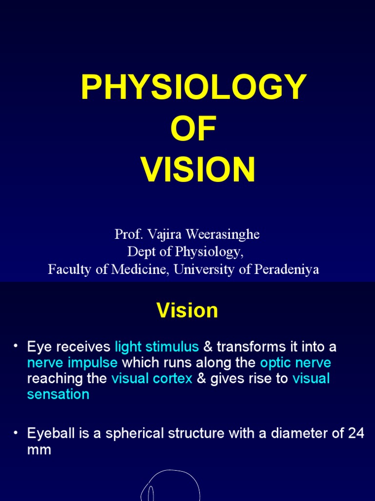 Physiology OF Vision: Prof. Vajira Weerasinghe Dept of Physiology ...