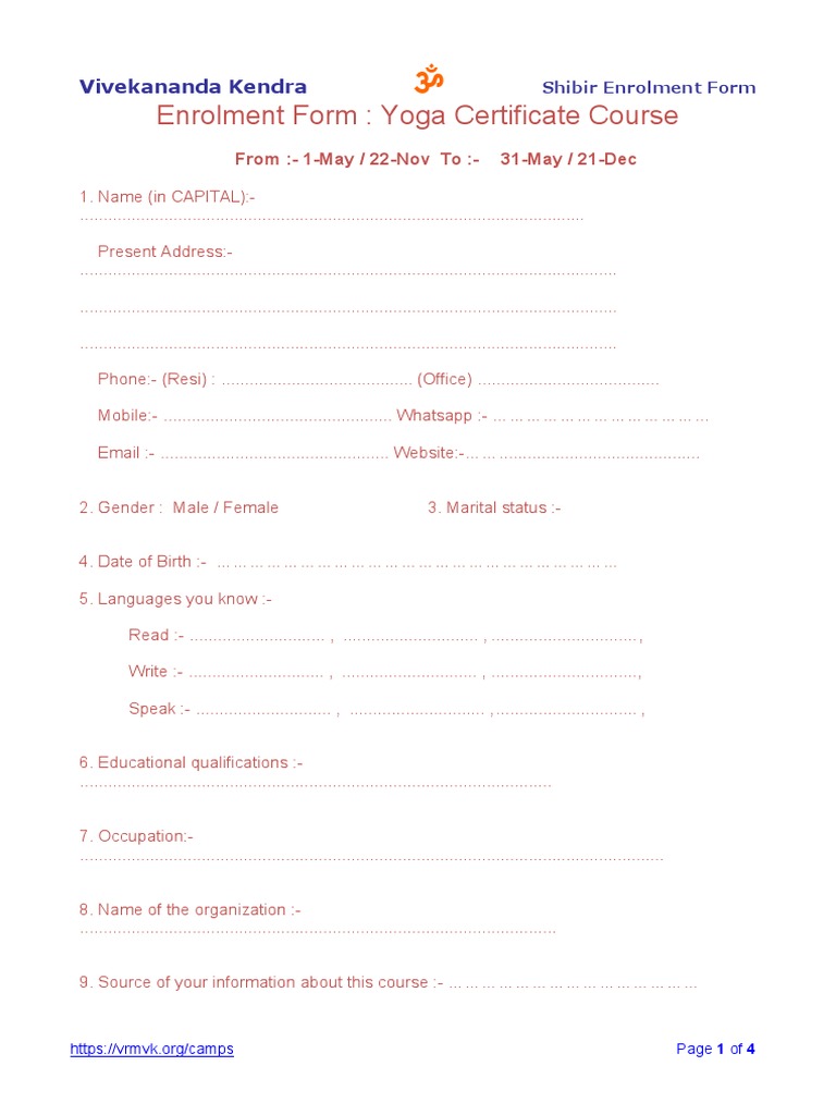 YOGA CERTIFICATE COURSE - Dec2016 Application Form | PDF | Career ...