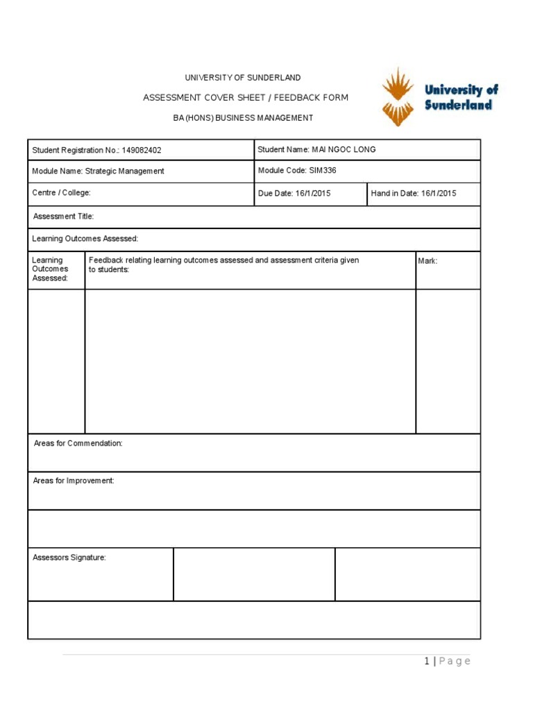 Assessment Cover Sheet / Feedback Form