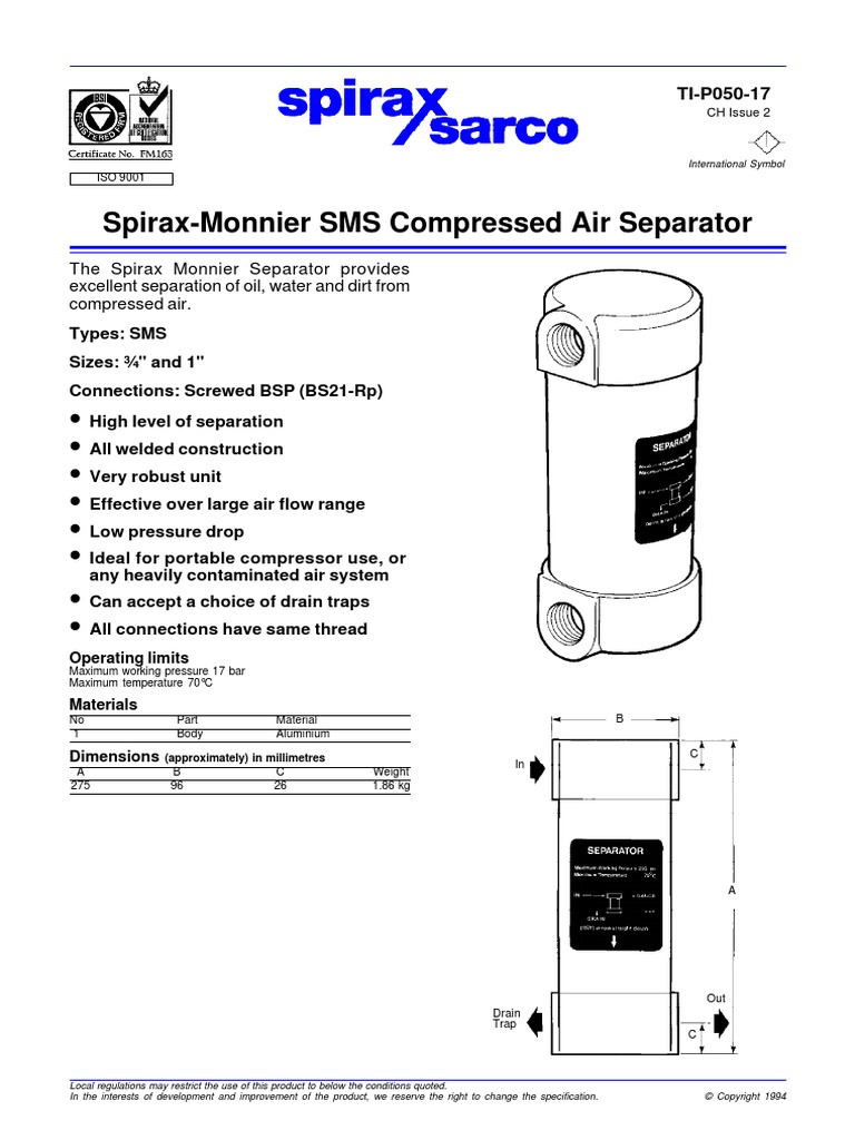 Spirax-Monnier SMS Compressed Air Separator | PDF | Technology ...