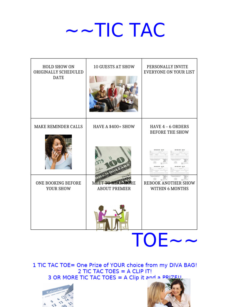 Tic Tac Toe Incentives for Diva Bag Rewards | PDF