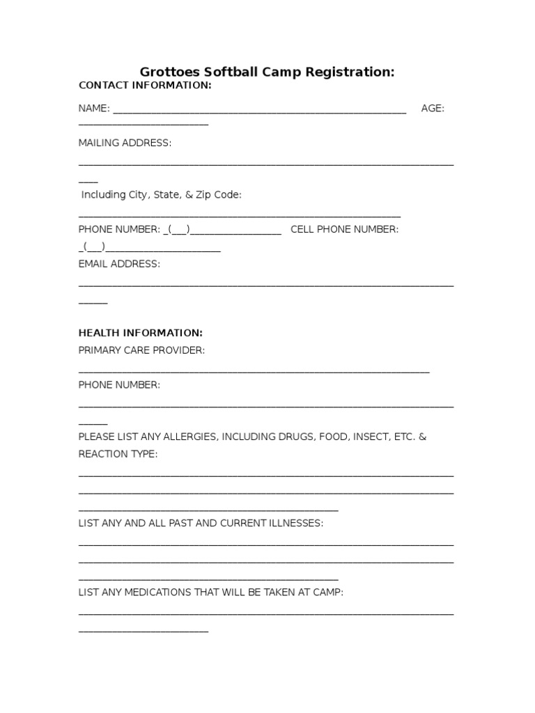 Grottoes Softball Camp Registration Form | PDF