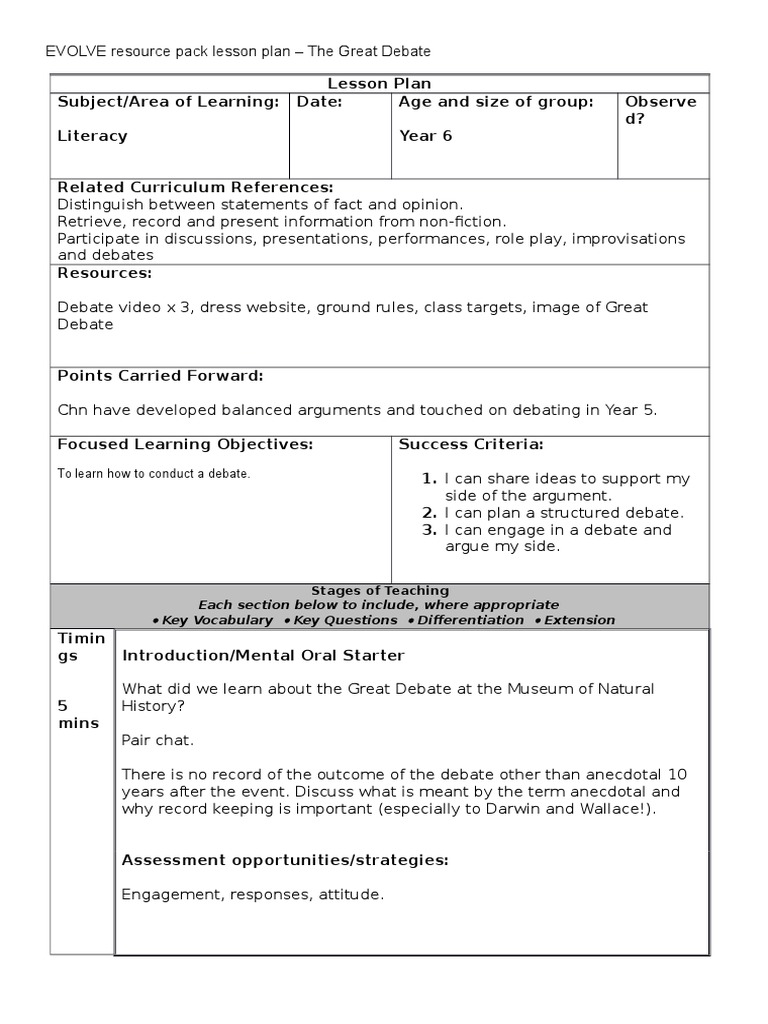 Great Debate Lesson Plan for Year 6 | PDF | Lesson Plan | Educational ...