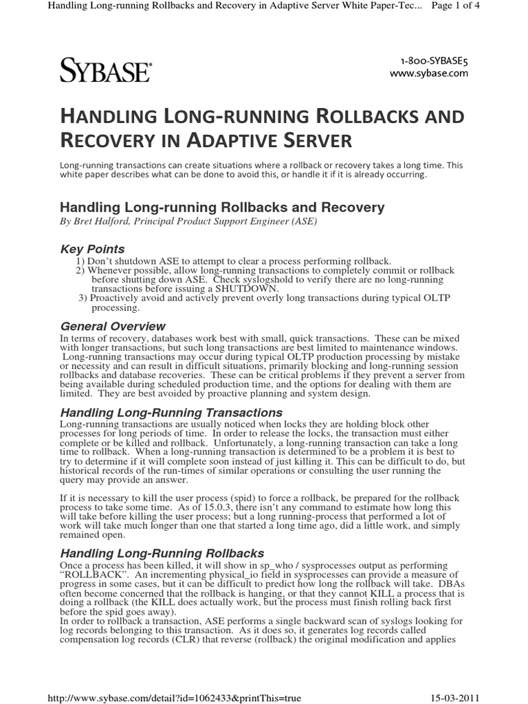 Sybase Handling Long-Running Rollbacks and Recovery in Adaptive Server ... Sybase Handling Long-Running Rollbacks and Recovery in Adaptive Server ...