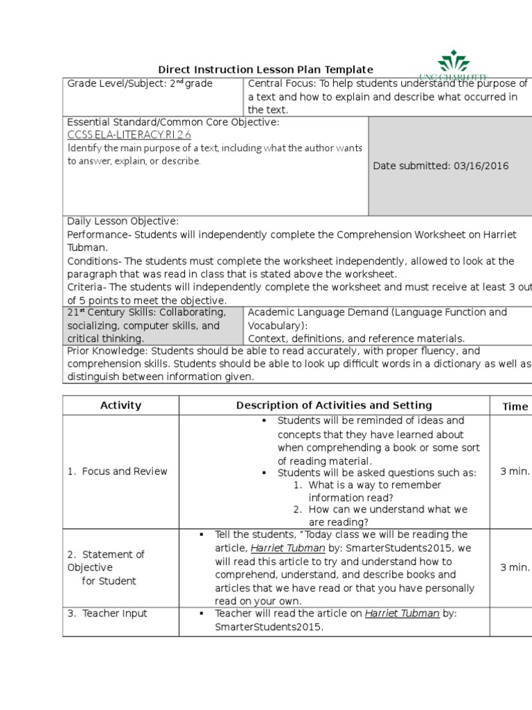 Read Lesson Plan On Harriet Tubman 2nd Grade and Reflection | PDF ...