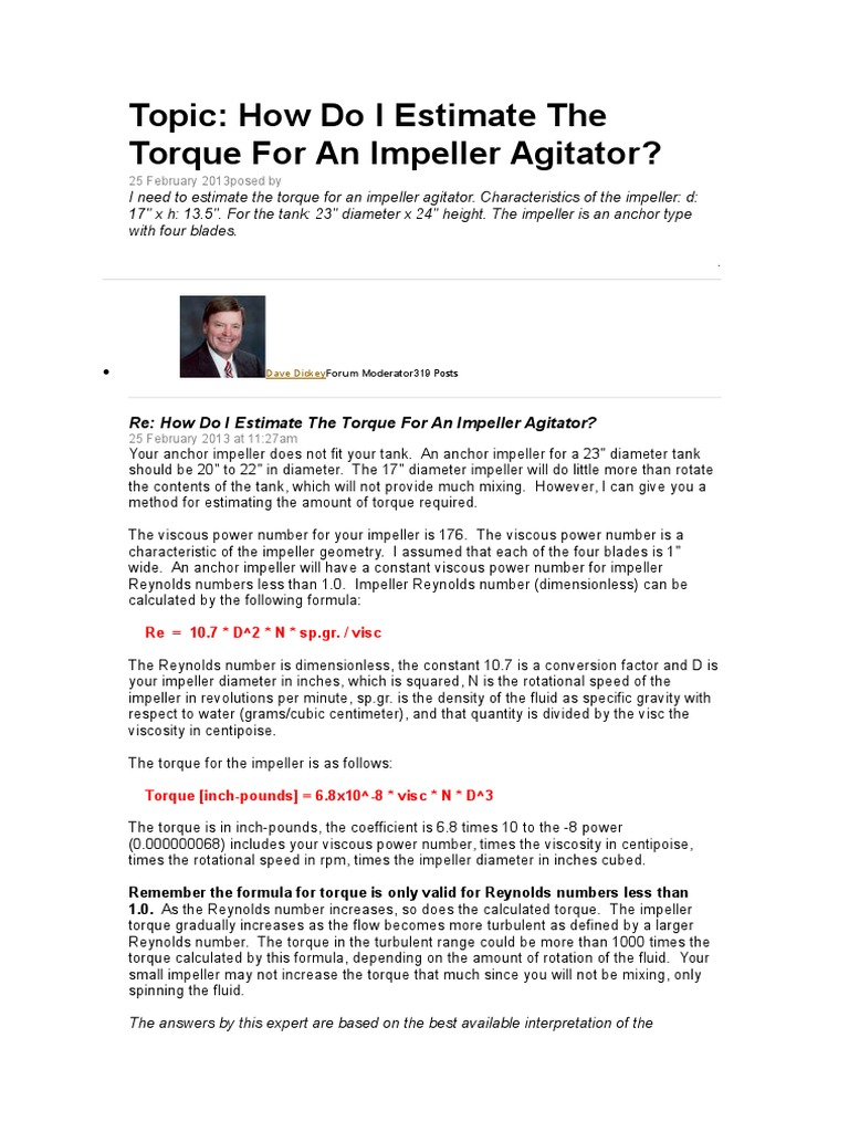 Torque Agitator Calculation | PDF | Reynolds Number | Viscosity