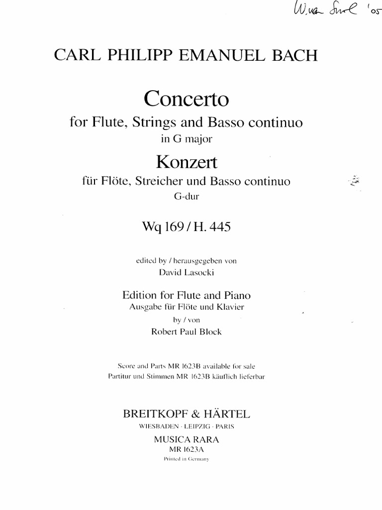 C P e Bach Concerto For Flute Strings Basso Continuo in G Major WQ 169 ...