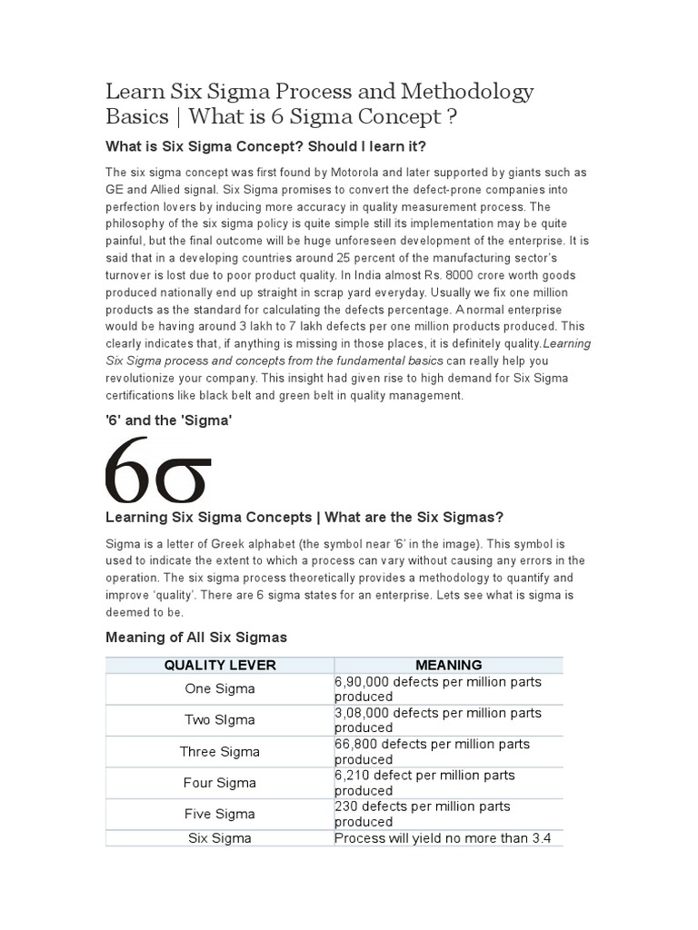 Learn Six Sigma Process and Methodology Basics | PDF | Six Sigma | Standard Deviation