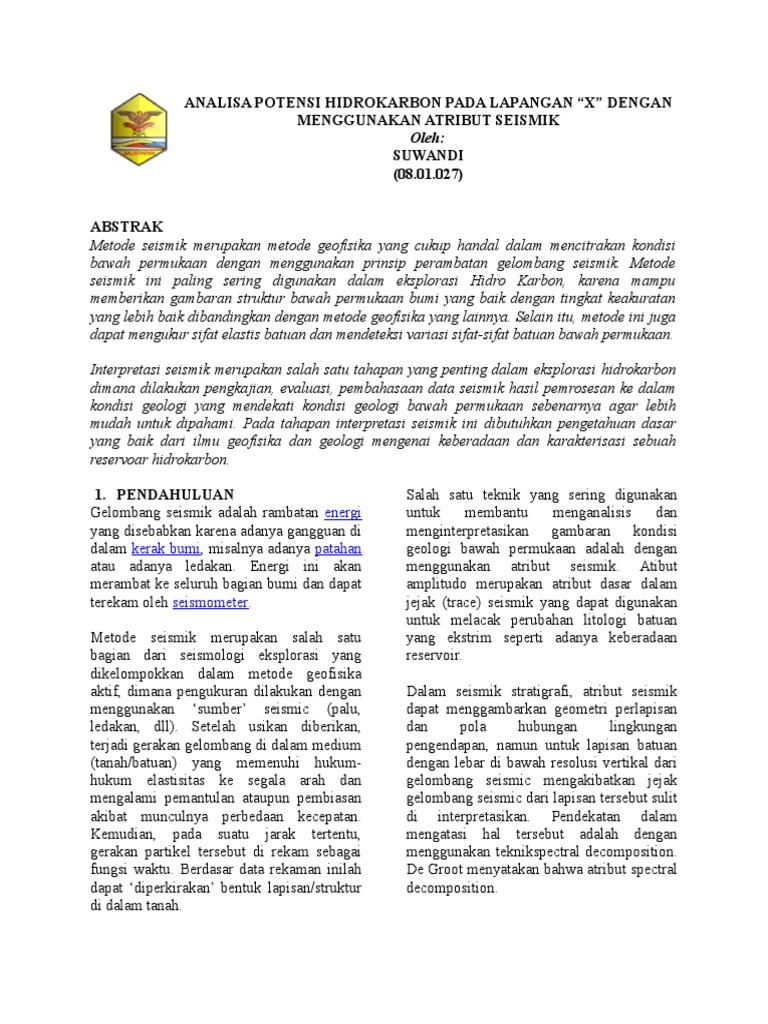Analisa Potensi Hidrokarbon Pada Lapangan "X" Dengan Menggunakan Atribut Seismik | PDF