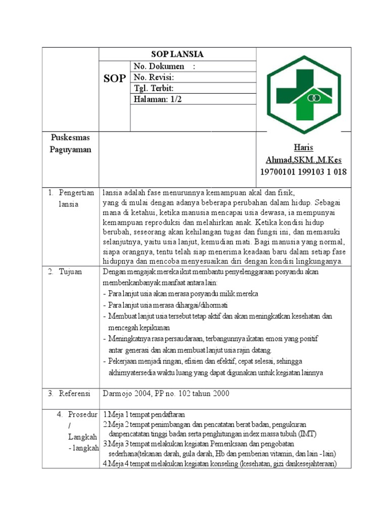 Format Sop Lansia | PDF | Pengembangan Diri | Kesehatan Holistik