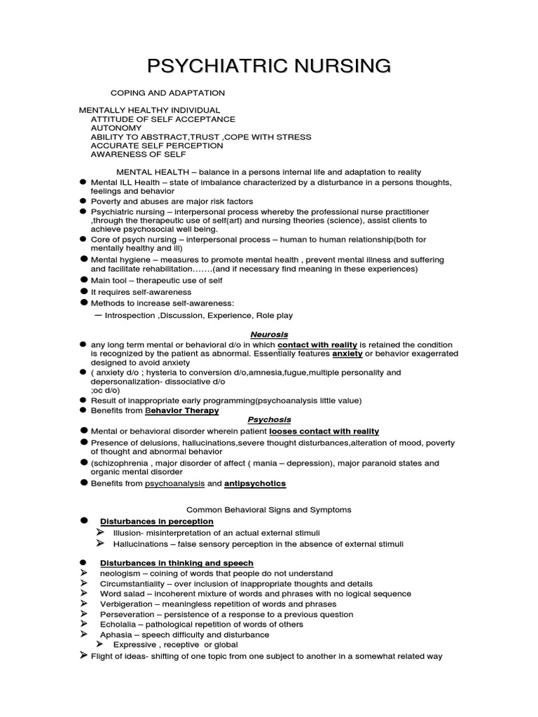 Psychiatric Nursing Notes PDF | PDF | Defence Mechanisms | Psychotherapy