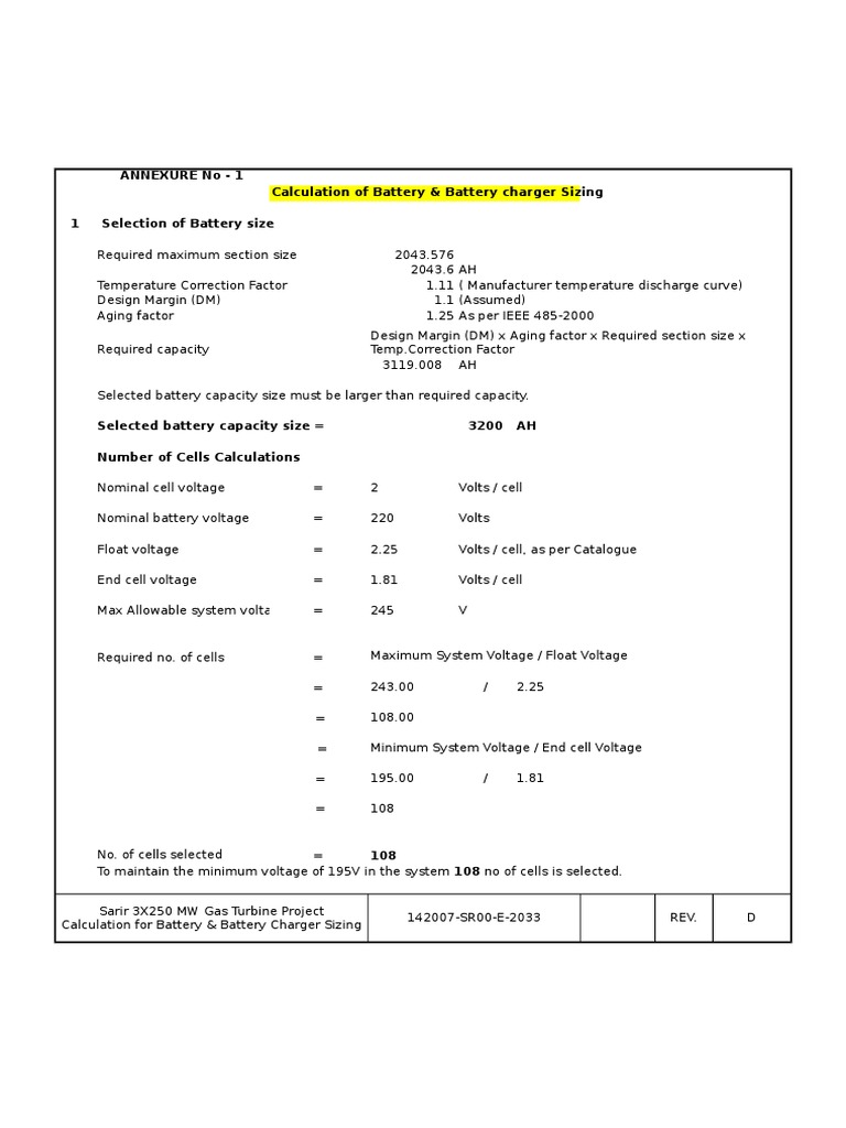 Battery and Charger Sizing Calculations | PDF | Battery Charger | Volt