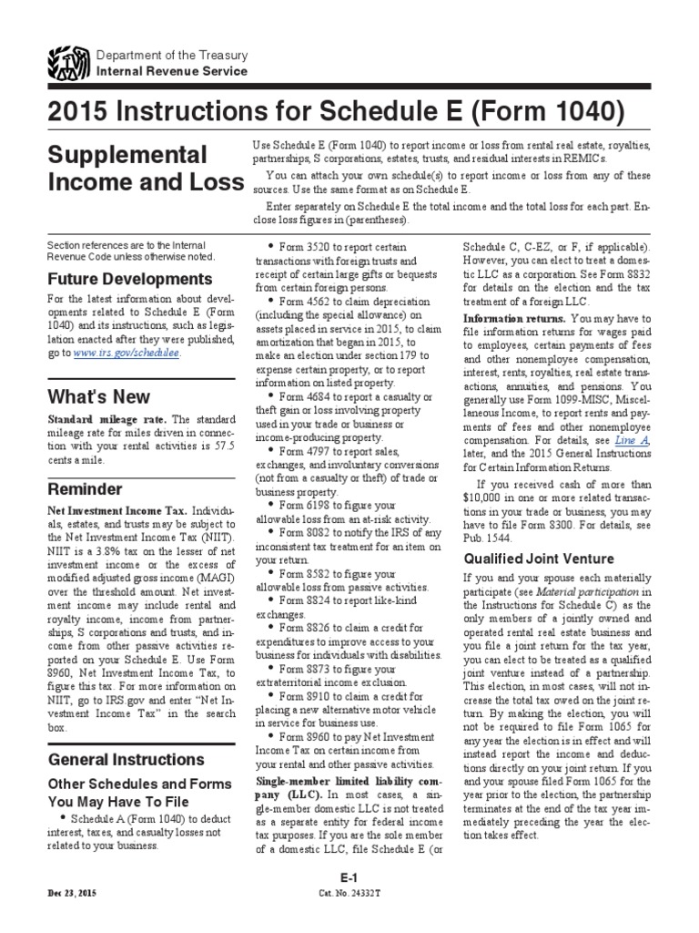2015 Instructions For Schedule E (Form 1040) : Supplemental Income and ...