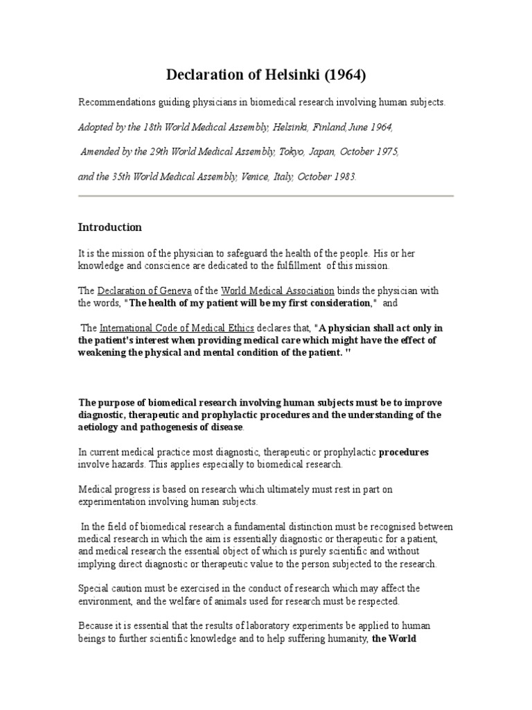 Declaration of Helsinki Guidelines 1964 | PDF | Experiment | Informed ...