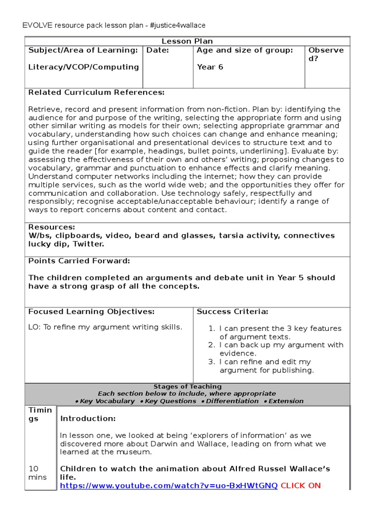 Year 6 Argument Writing Lesson Plan | PDF | Lesson Plan | Argument
