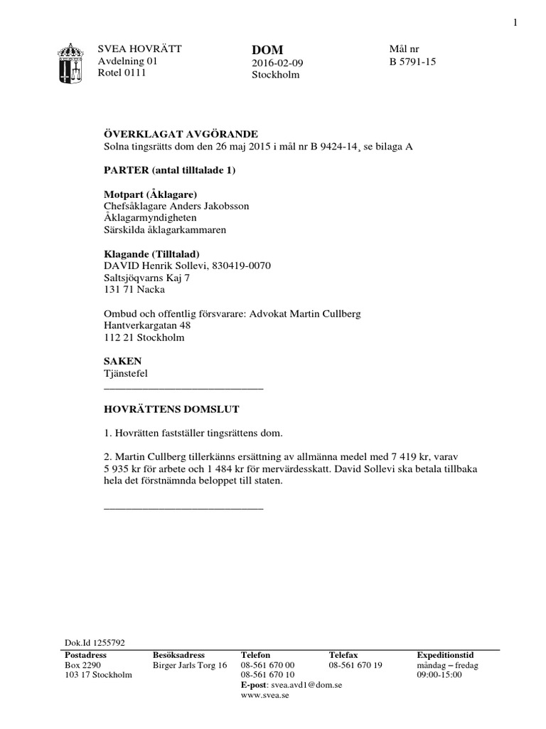 Polis David Sollevi 19830419 Tjänstefel SveaHovratt B5791-15 Dom | PDF