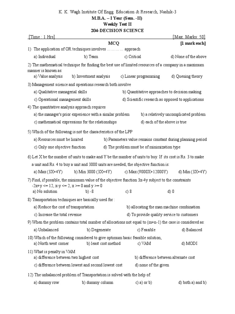 Decision Science-204 MCQ's | PDF | Markov Chain | Mathematical Optimization