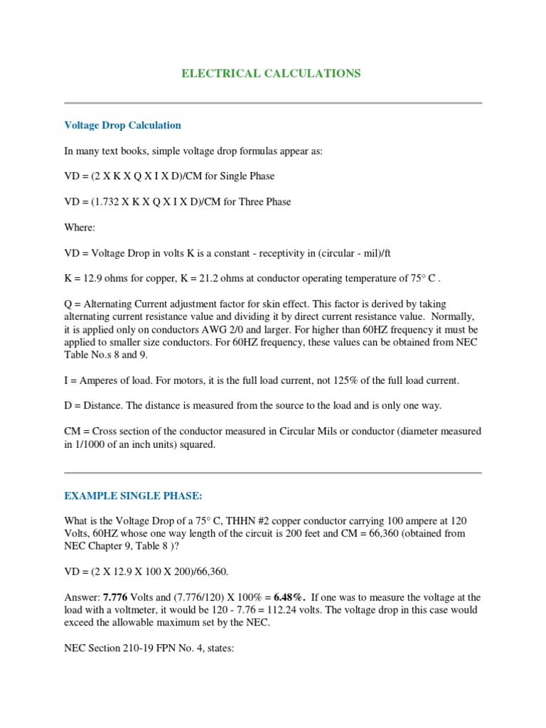Electrical Calculations | PDF | Electrical Conductor | Voltage