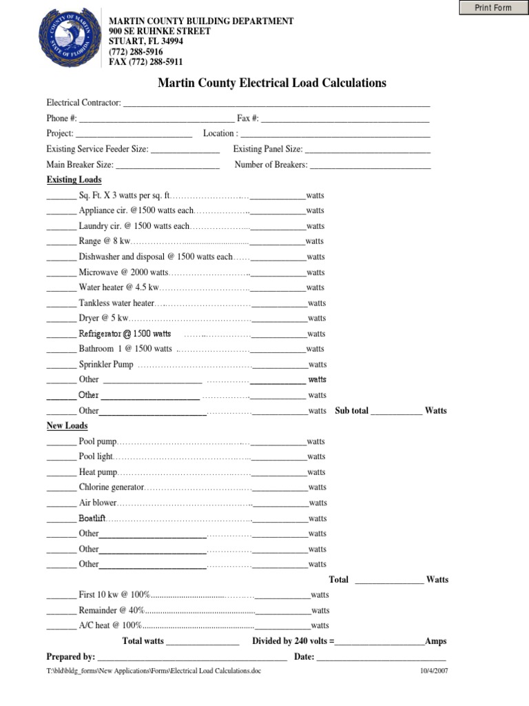 Martin County Electrical Load Calculation | PDF